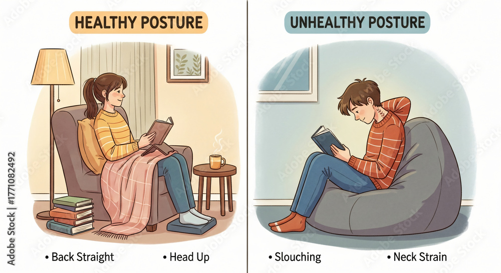 An illustrative comparison of a healthy, upright reading position ...