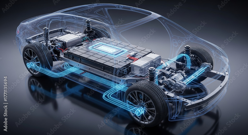 Electric vehicle battery pack and powertrain assembly illustrating ...