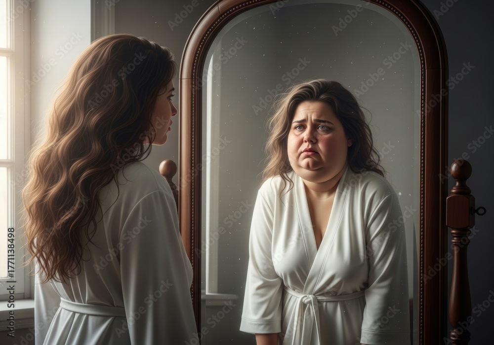 Woman looking in mirror sees sad, overweight reflection of herself ...
