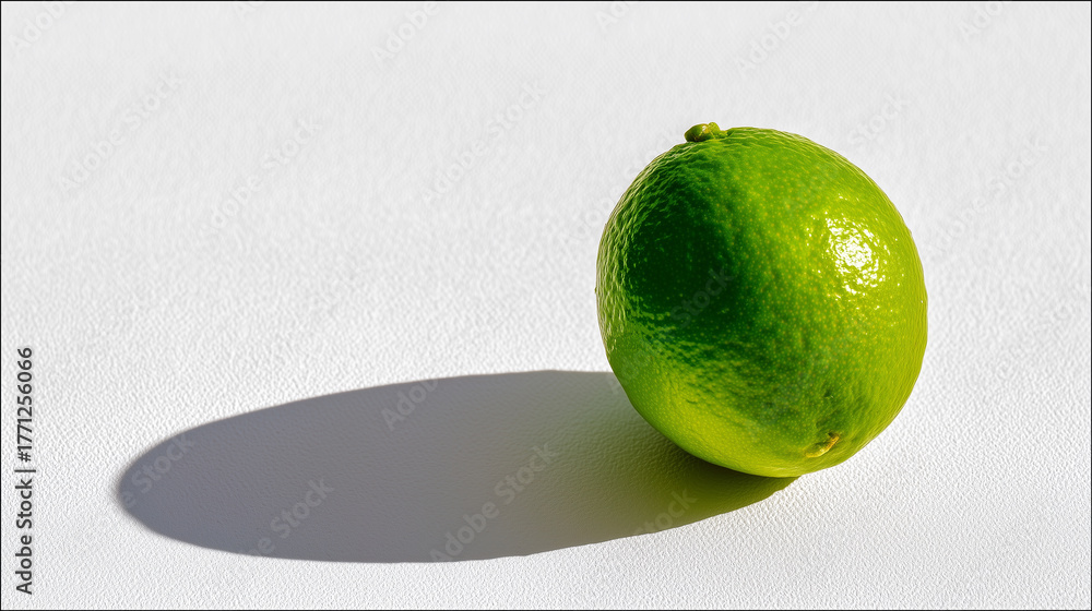 A lime sits alone on a smooth white surface, illuminated by soft ...