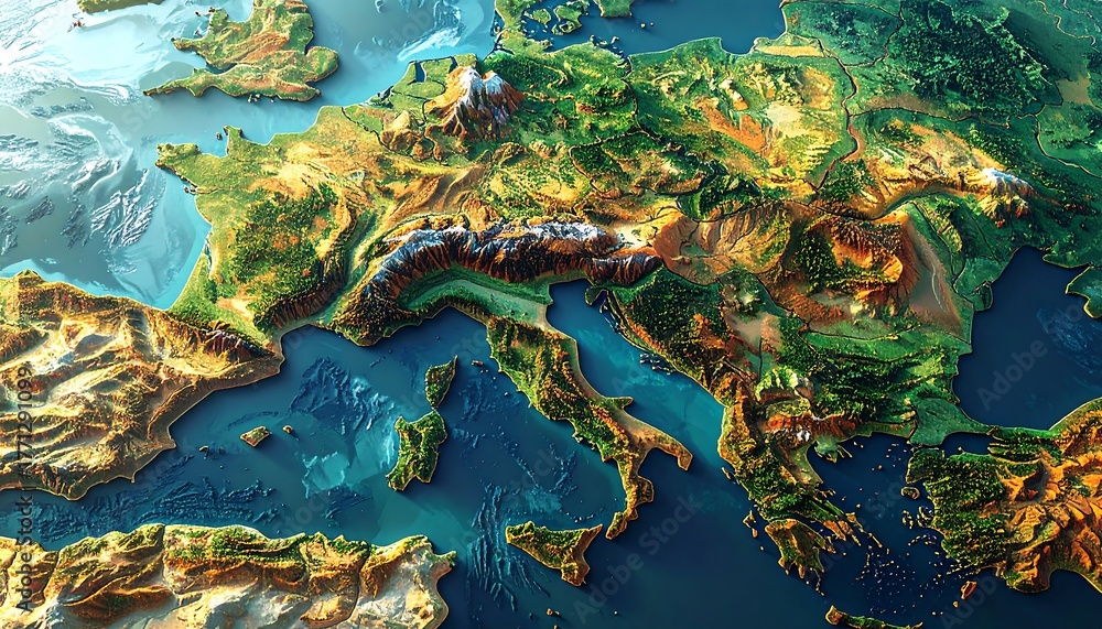 Europe map, topographical view. Showing mountains, coasts, terrain in ...