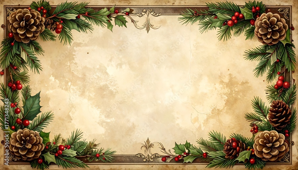 Antique Christmas paper background with hand-drawn holly garland and ...