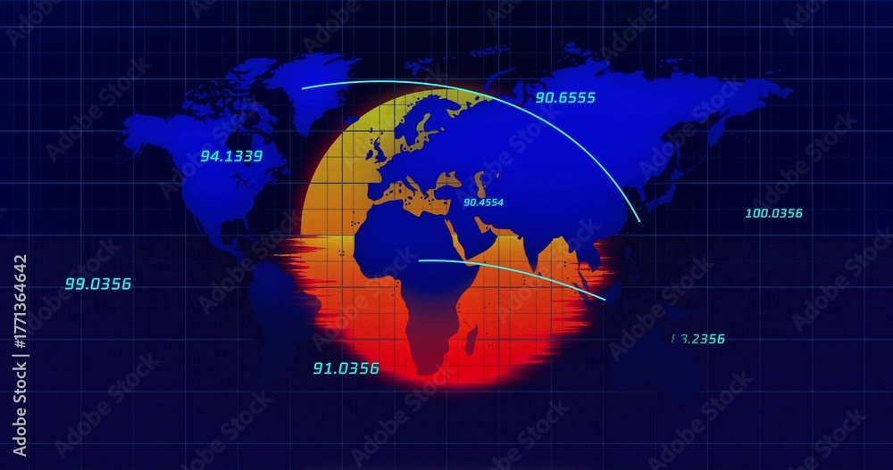 Displaying gradient globe overlay over world map on blue grid, showing ...