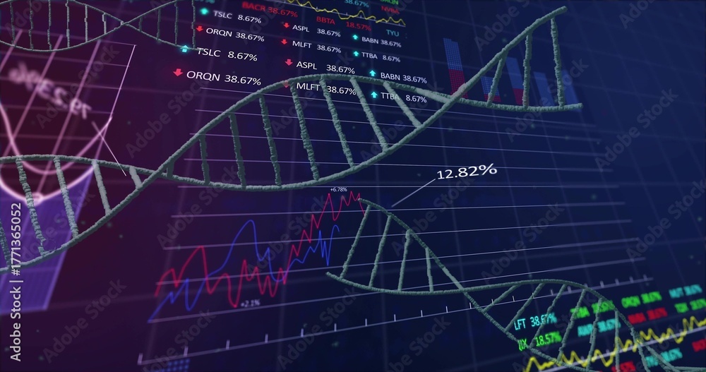 Floating 3D DNA helix strands drifting through digital dashboard, with ...