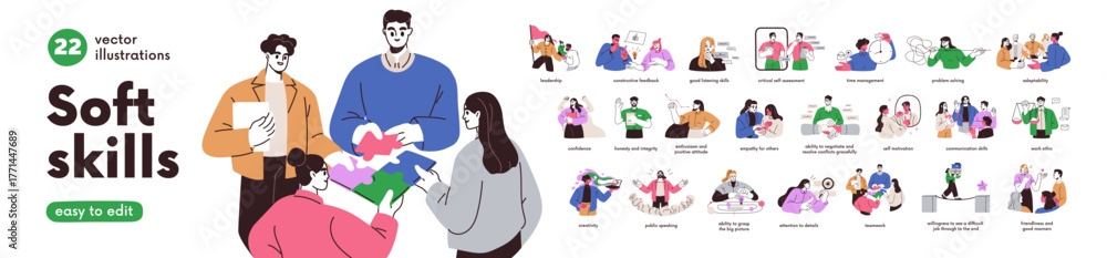 Soft skills for business, work, career set. Communication, empathy ...
