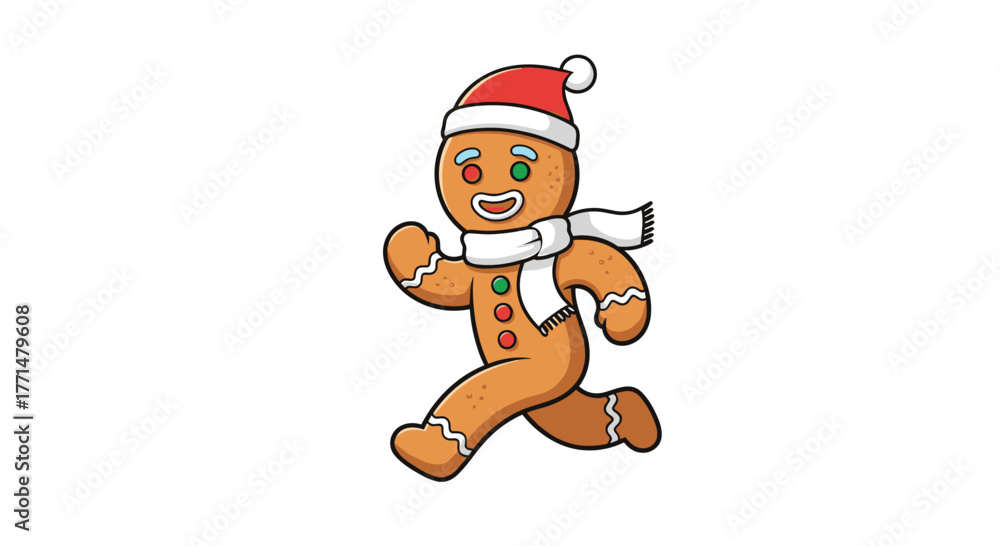 Cheerful gingerbread man running with Santa hat and scarf for holiday ...