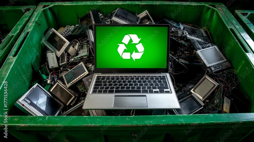 Open laptop with recycle symbol on screen sits in bin full of ...