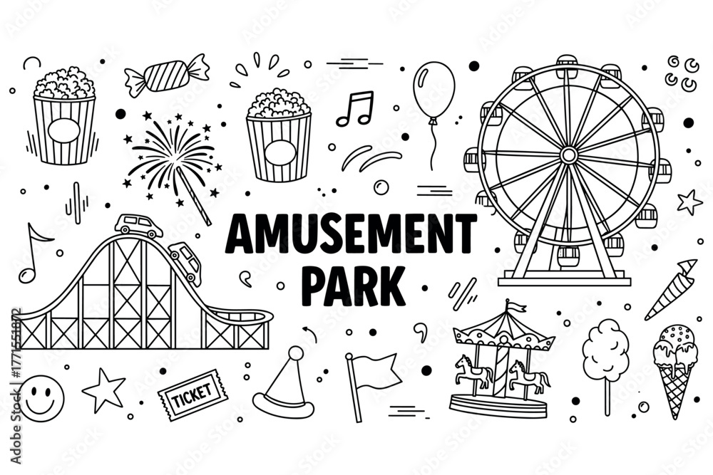 Amusement park doodle: roller coaster, ferris wheel, carousel, and ...