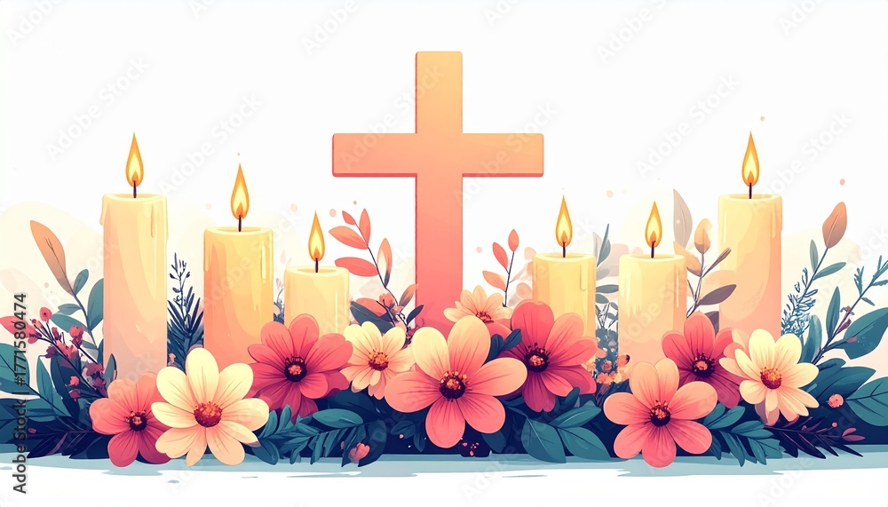 Flat 2D Illustration: Cross, Lit Candles, and Pastel Flowers. Gentle ...
