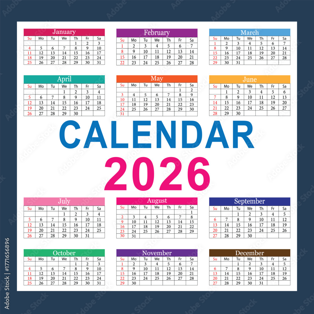 Colorful 2026 calendar grid with month tabs. Calendar 2026 year English ...