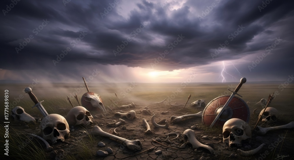 Battlefield with human skull and bones strewn over dry cracked earth, sword and shield remaining ...