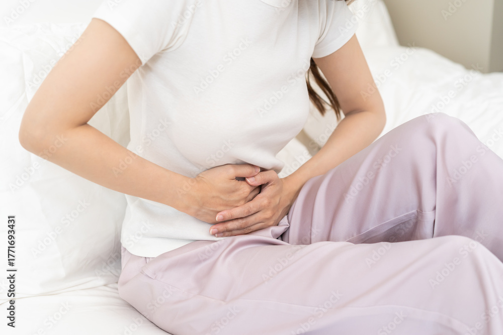 Flatulence ulcer, asian young woman, girl hands in belly, stomach pain ...