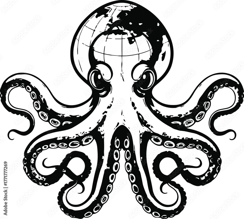 Image vectorielle Stock Octopus with world map shell, environmental ...