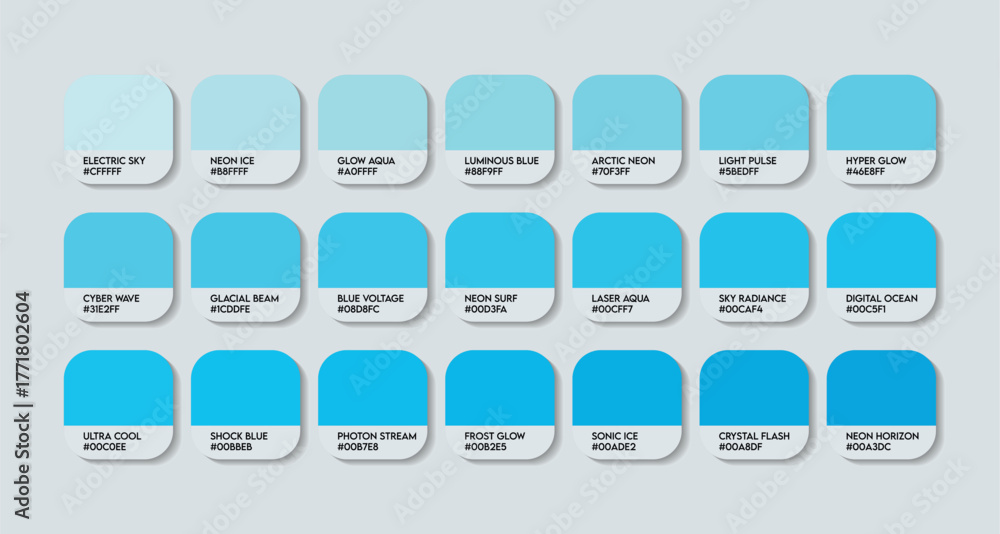Neon Light Blue Color Guide Palette with Color Names. Catalog Samples ...