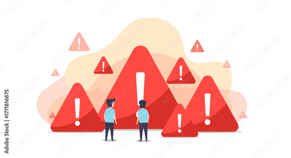 People Standing Near Multiple Red Warning Signs with Exclamation Marks ...