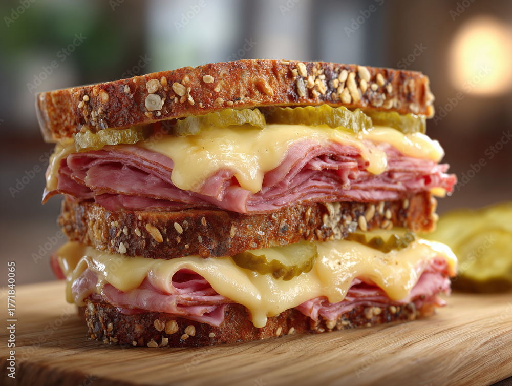 Foto de Stock Double-decker ham and melted cheese sandwich on ...