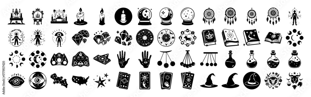 Mystical and magical symbols collection, including crystal balls, spell ...