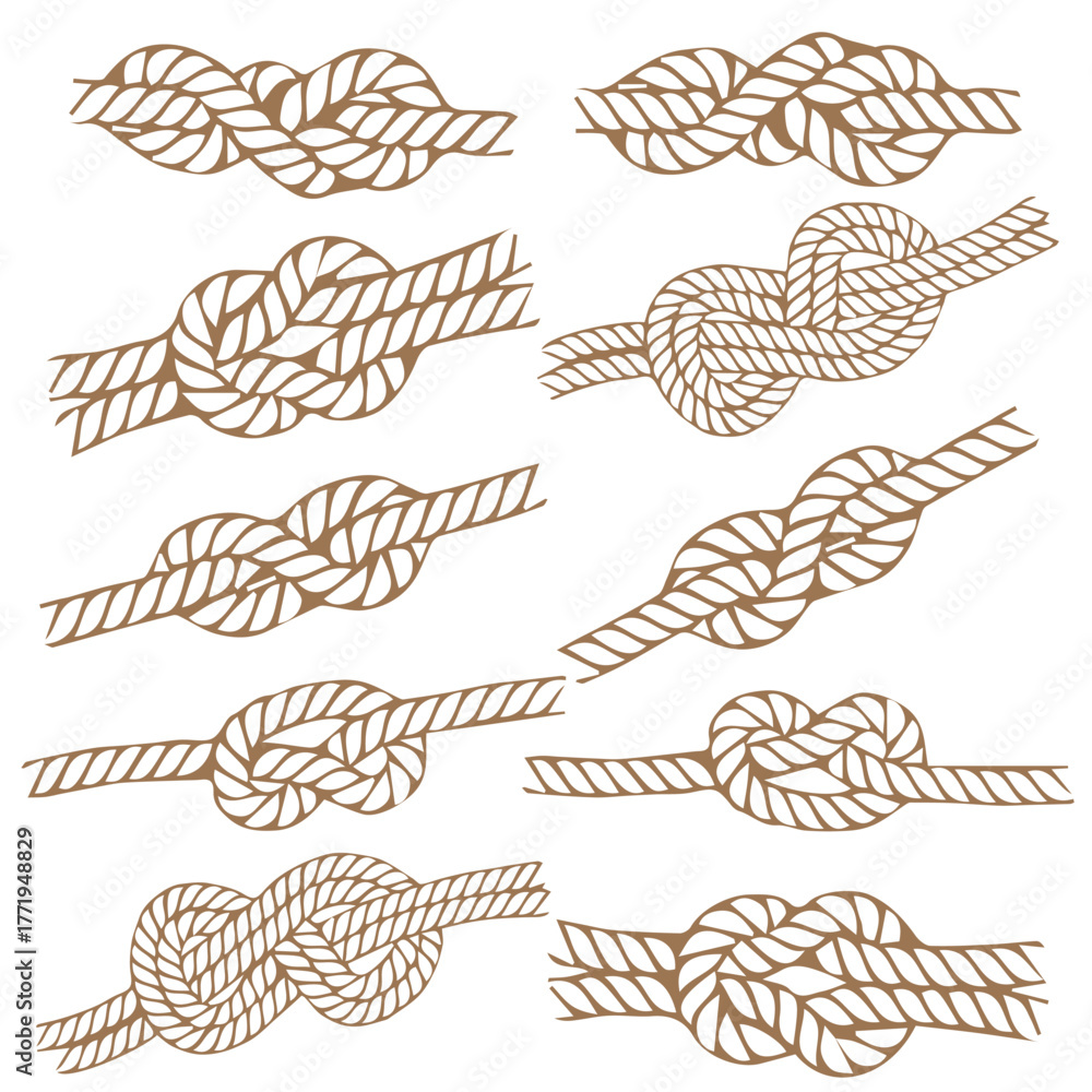 Rope for mountaineering, sea rope, knots and loops. Vector drawing of different rope elements ...