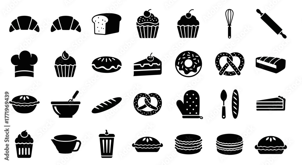 Vector collection of bakery shop icons. Black silhouette pictograms of ...