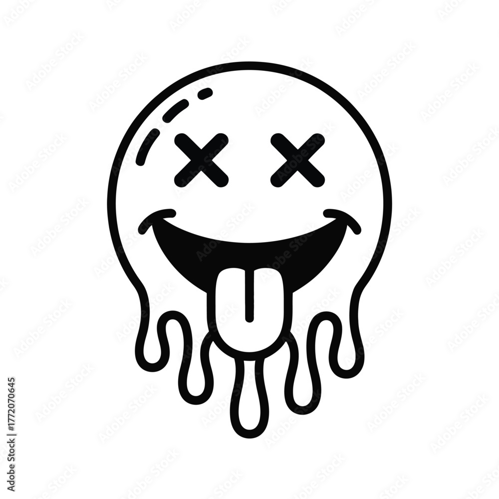 Dripping smile face icon with X eyes melted liquid texture cartoon ...