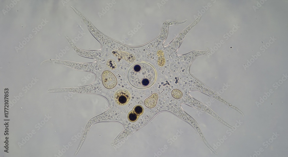 Amoeba proteus under microscope with visible nucleus and food vacuoles ...