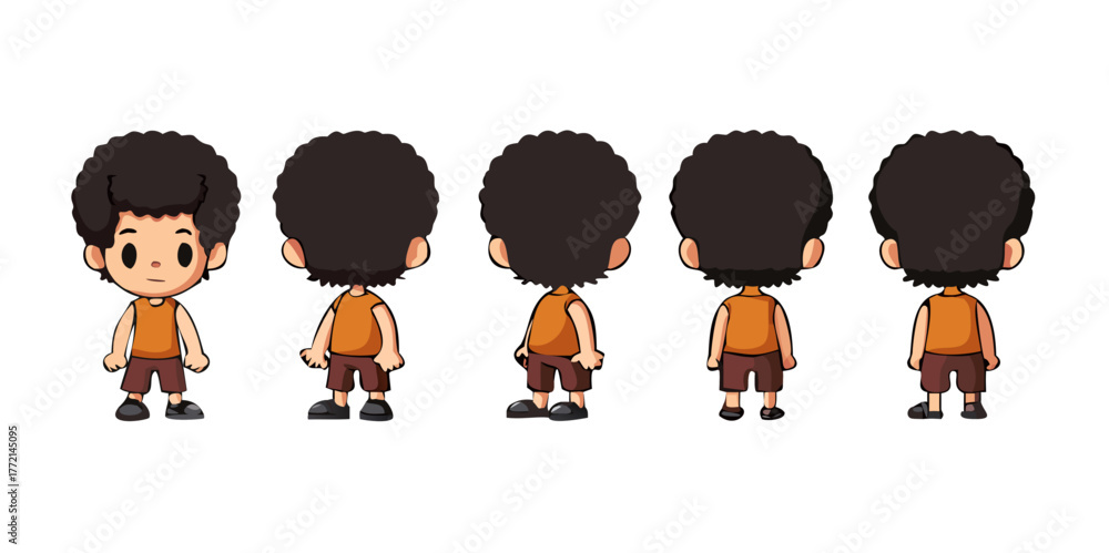 Cartoon boy with afro character sprite sheet. Front, side, and back ...