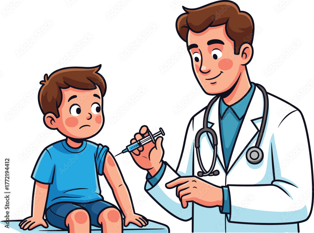Cartoon doctor giving vaccine injection to young boy, medical ...