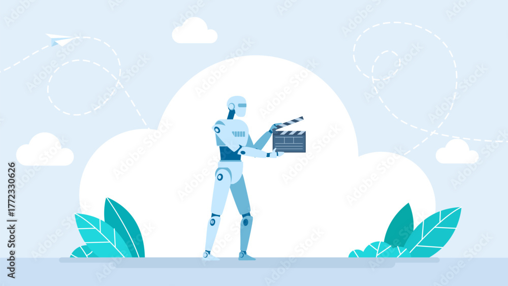 Robot working in movie studio. Robot holding clapper board. AI video ...