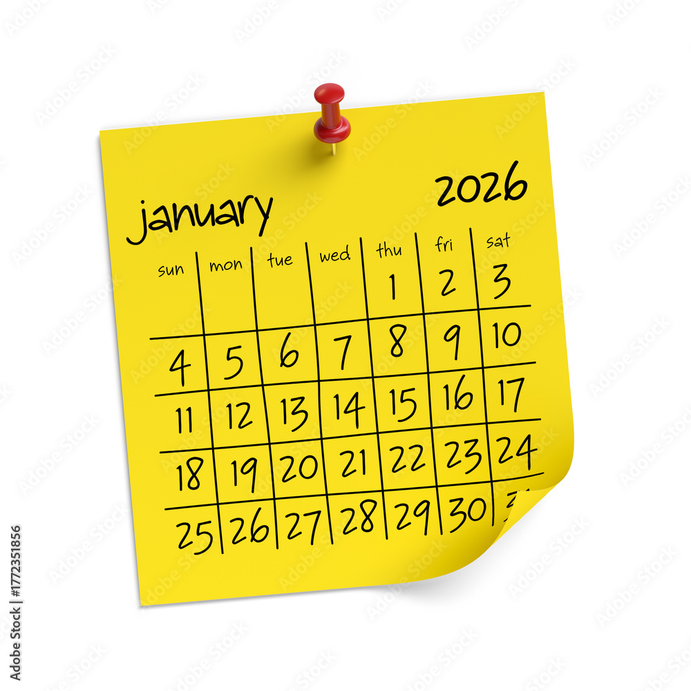 Yellow Post It Calendar Showing January 2026 Pinned to White Wall Stock ...