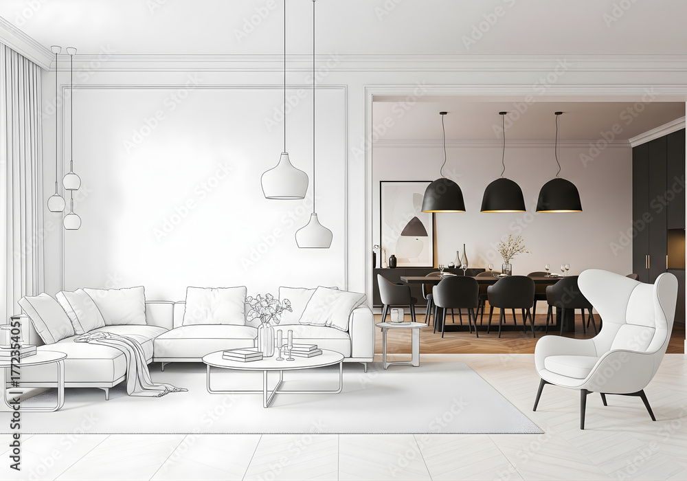 UntitlModern Living Room and Dining Room Architectural Sketch ...