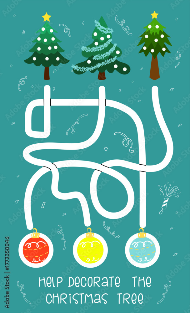 Holiday maze game for kids: help each bauble reach the correct ...