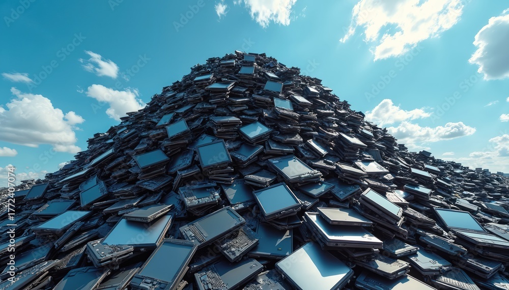 Huge pile of old laptops under bright blue sky. Electronic waste forms ...