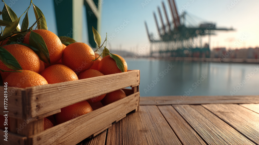 Foto de Stock Fresh oranges in wooden crate on dock with industrial ...
