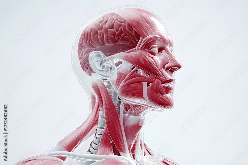 stylized 3D human anatomy diagram, muscles semi-transparent to reveal ...