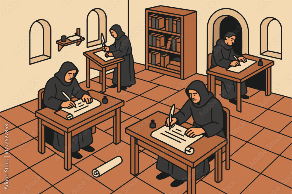 Medieval scribes in monastery writing room: historical isometric ...