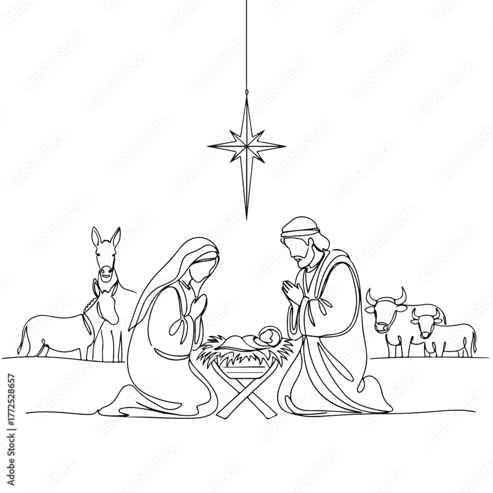 Biblical history illustration of Nativity scene depicting Mary, Joseph ...