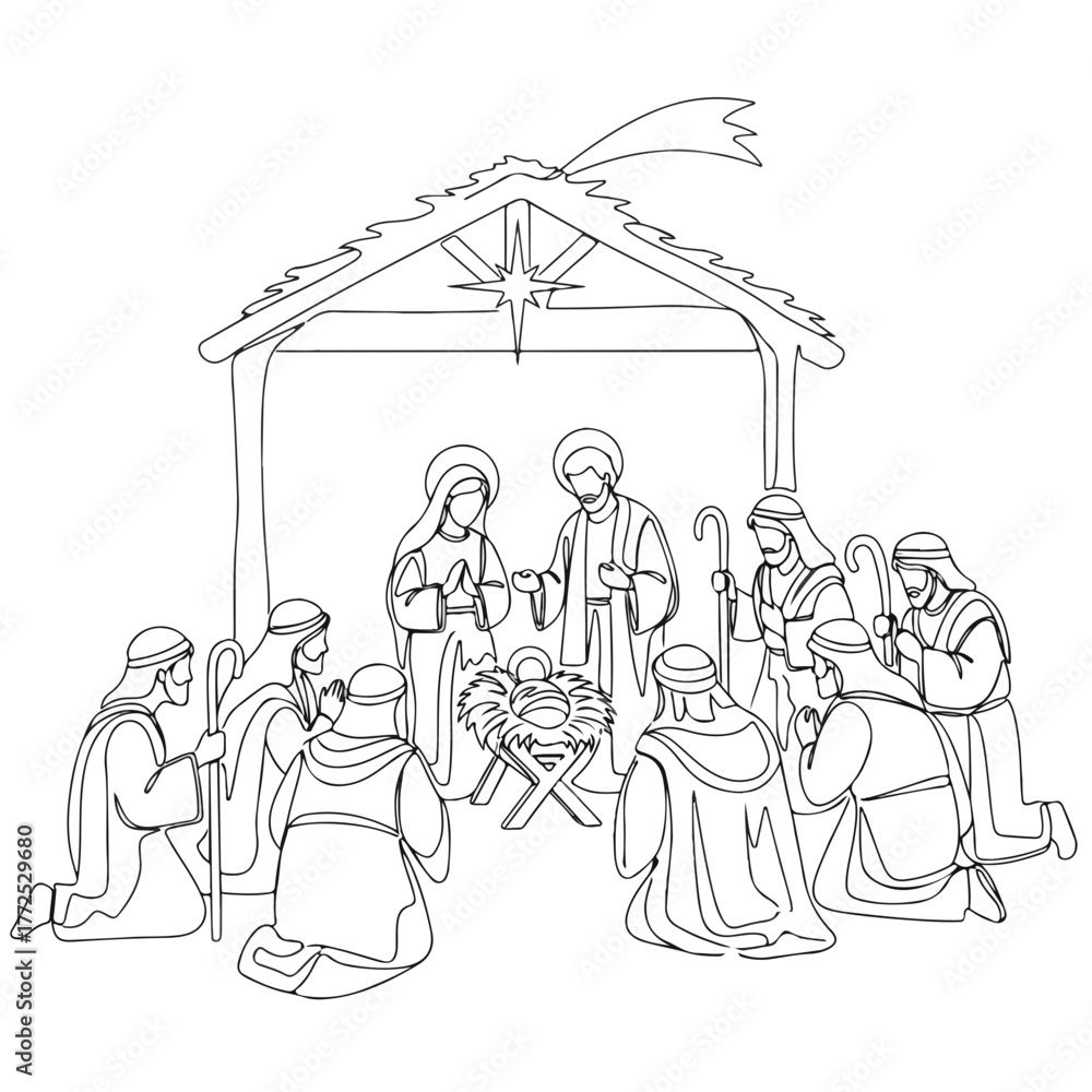 Biblical nativity scene depicting birth of Jesus Christ with Mary and ...