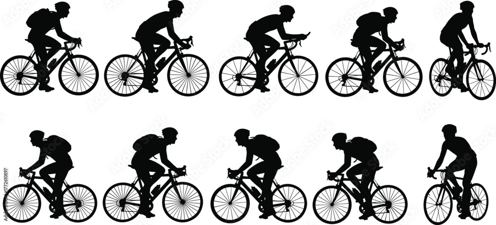 Cyclist silhouette sequence, road bike motion illustration, active ...