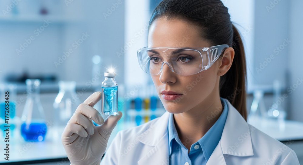 Foto de Stock Close-up of female scientist wearing protective goggles and lab coat, holding ...