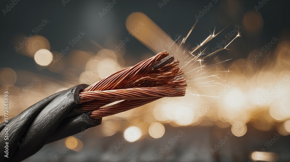 severed. Severed electrical cable with sparks from exposed copper wires ...