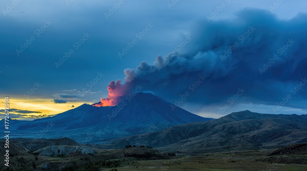 erupting. A powerful volcano erupting with lava and ash against the sky ...