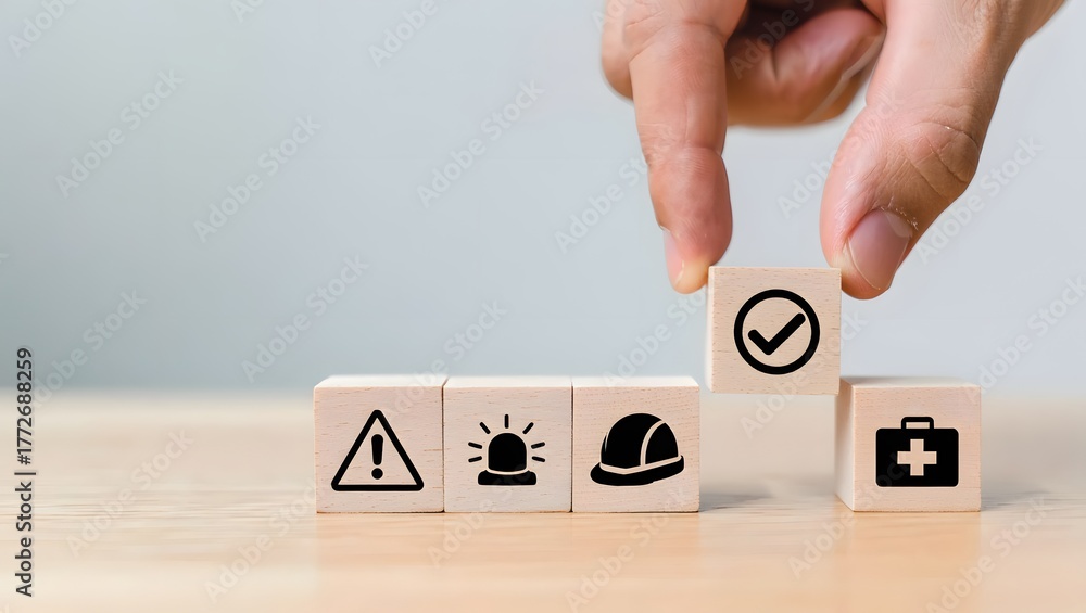 Work safety and compliance concept. Wooden cube blocks with icon of ...