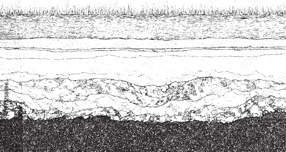 Black and white cross section illustration of soil layers with grass ...