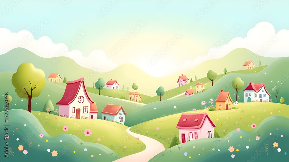 A charming cartoon village with colorful houses nestled in rolling ...
