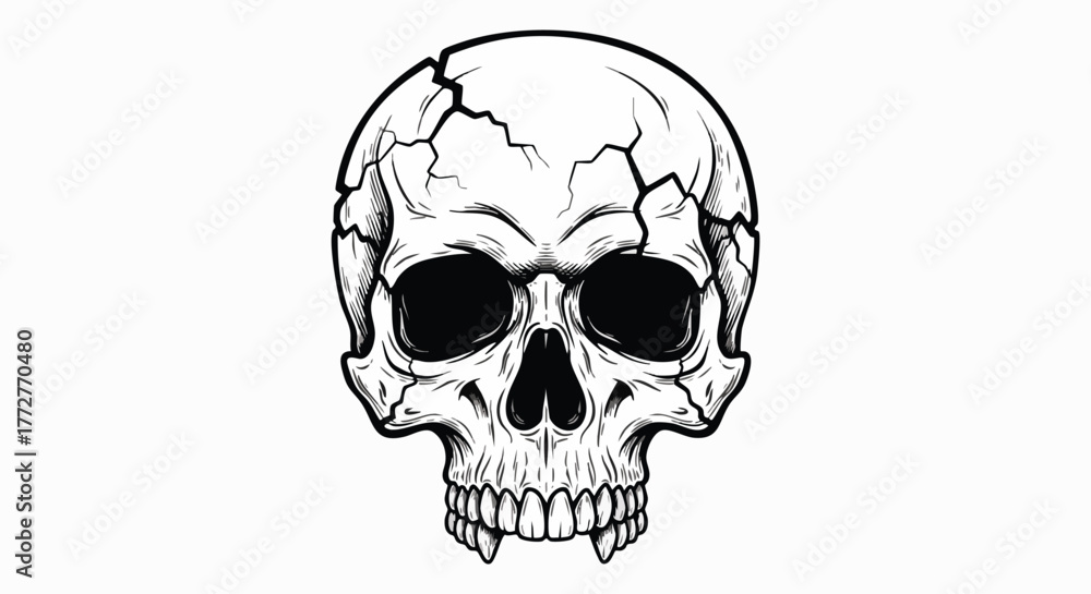 Detailed black and white vector of a cracked human skull with sharp ...