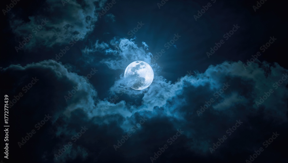 Photo of a nighttime sky with illuminated clouds and a large, bright ...