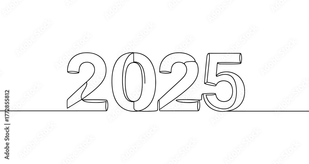 2025 year. Black number 2025 with 3D effect, written in one continuous ...