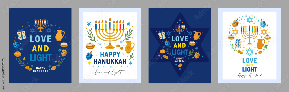 Love and Light, Happy Hanukkah creative greeting cards set 2025. Vector ...