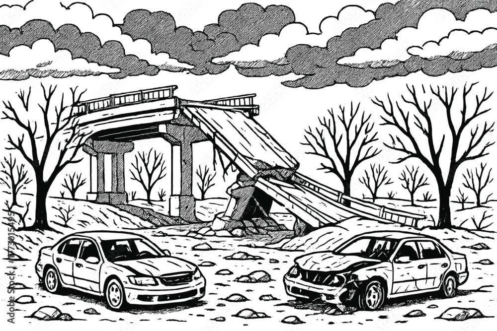 Broken Bridge Scene. Collapsed bridge over a dry riverbed with skeleton ...