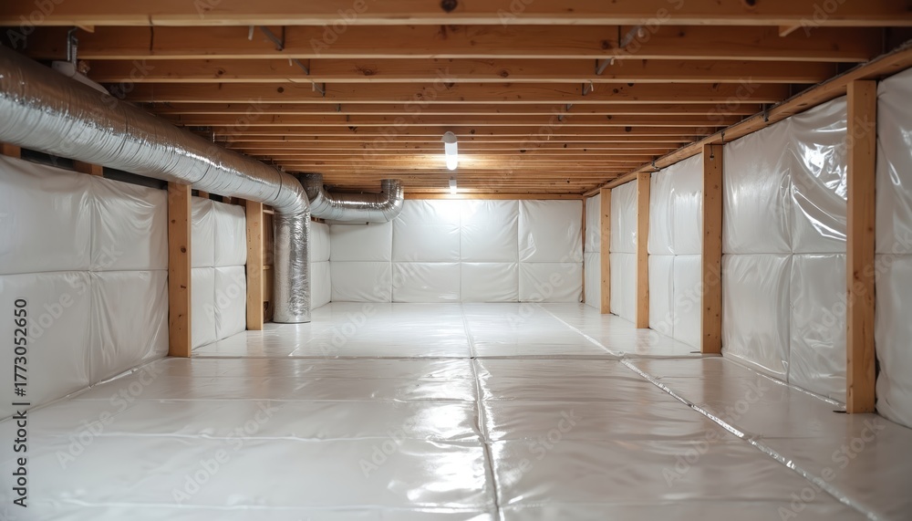 Clean unfinished crawl space under house foundation. Wooden floor ...
